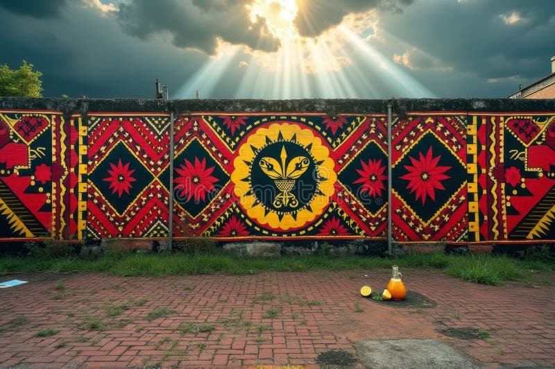 Vibrant Outdoor Mural with Sun Motif and Traditional Patterns in Urban ...