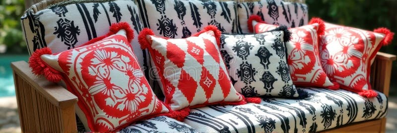 Vibrant Outdoor Sofa with Red and Black Patterned Cushions in Sunny Garden Setting Stock Photo ...