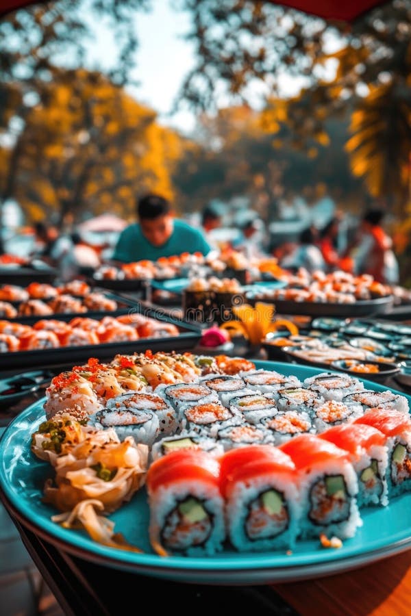 Vibrant Outdoor Sushi Feast with Assorted Rolls and Colorful Toppings ...