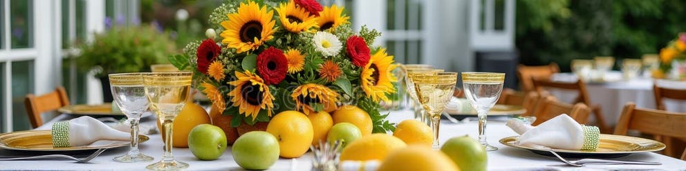 Vibrant Outdoor Table Setting with Sunflower Centerpiece and Lemons ...