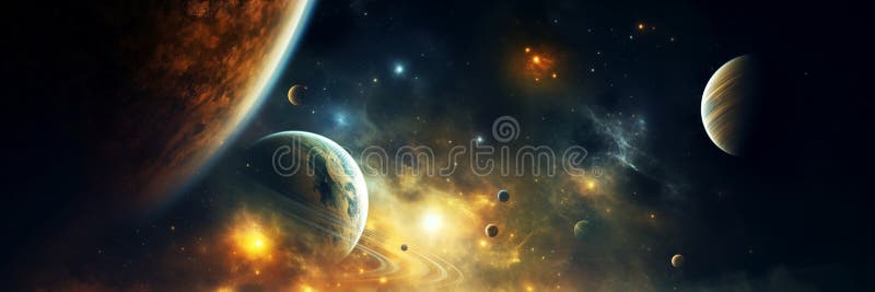 Vibrant Outer Space Banner with Planets, Stars and Nebulae. Panoramic ...