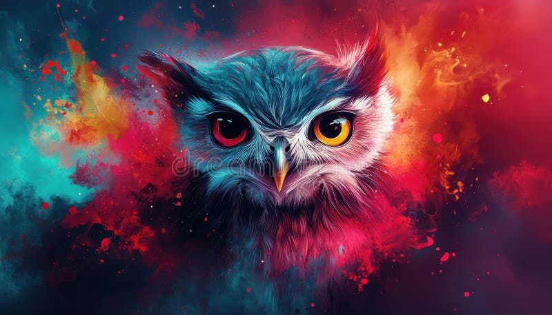 Colorful Owl Created with Paint Splash Technique Against Vibrant ...