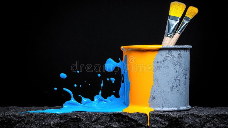 Vibrant Paint Spilling from Can Brushes Resting on Edge Dynamic Splash ...