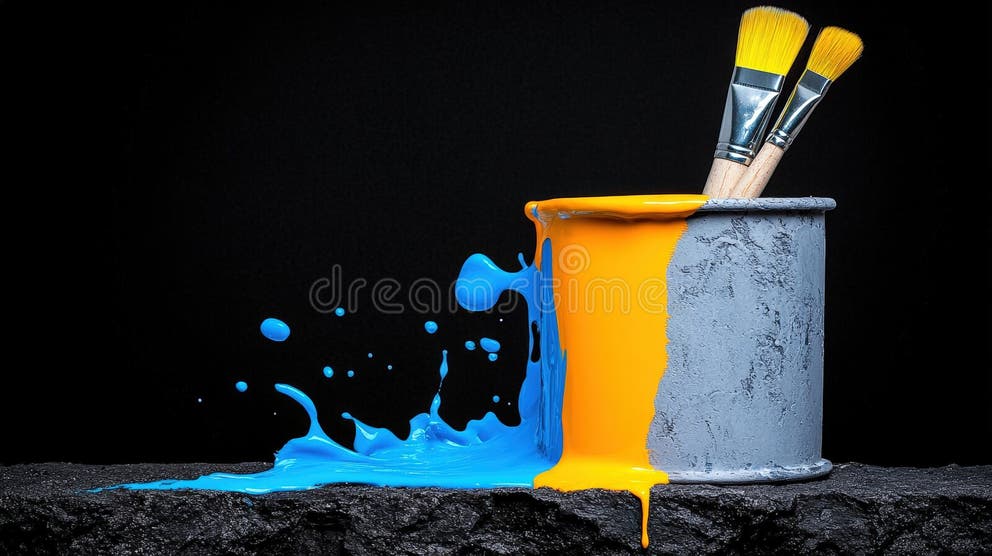 Vibrant Paint Spilling from Can Brushes Resting on Edge Dynamic Splash ...