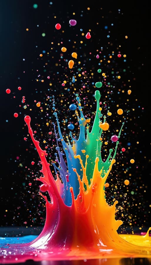 Vibrant Paint Splash on Black Backdrop. Rainbow Color Liquid Droplets ...