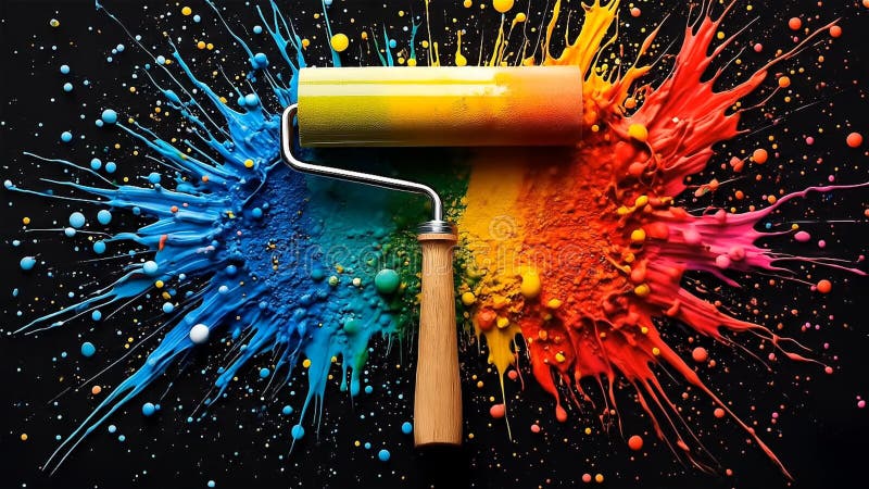 Vibrant Paint Splash with Roller Creating Colorful Artwork in Studio ...