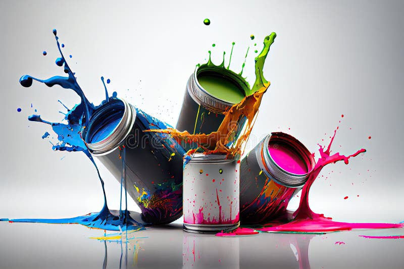 Vibrant Paint Splash with Various Bright Paint Cans Overturned and ...