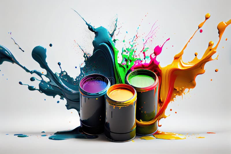 Vibrant Paint Splash with Various Bright Paint Cans Overturned and ...