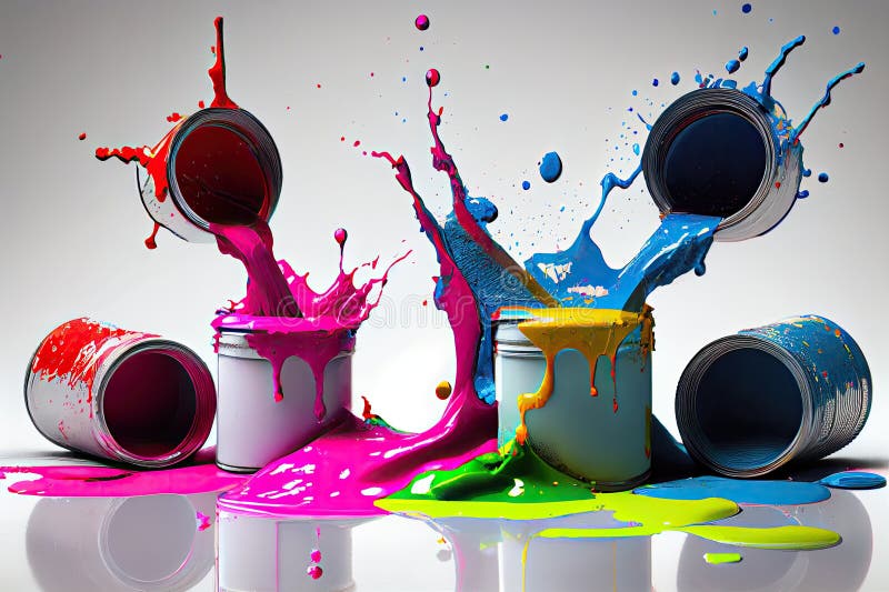 Vibrant Paint Splash with Various Bright Paint Cans Overturned and ...