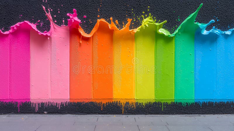 Colorful Splashing Paint on Wall Creating Rainbow Effect for Creative Design Stock Illustration ...