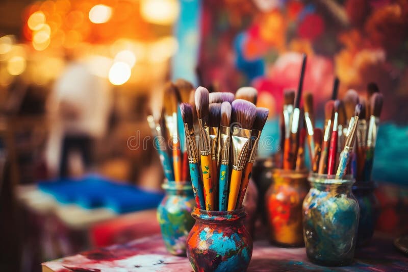 Vibrant Paintbrush Collection with Blurred Creative Studio Backdrop ...