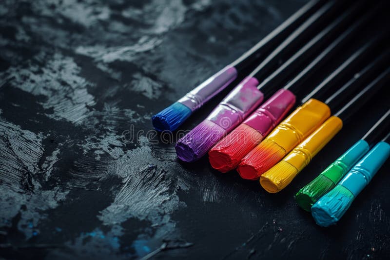 Vibrant Paintbrushes with Colorful Paint on a Dark Surface a Closeup ...