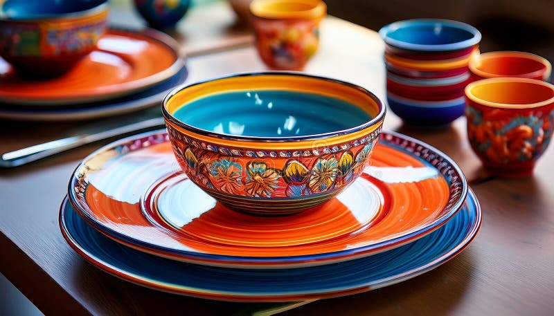 Vibrant Painted Pottery Table Setting Stock Illustration - Illustration ...