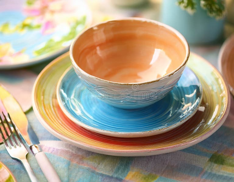Vibrant Painted Pottery Table Setting Stock Illustration - Illustration ...