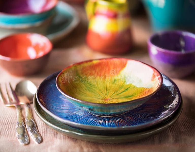 Vibrant Painted Pottery Table Setting Stock Illustration - Illustration ...