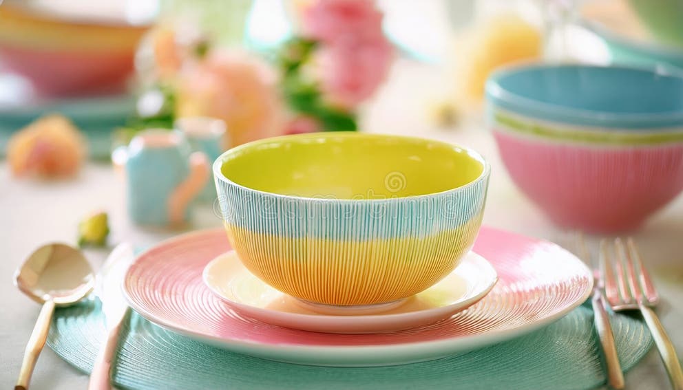 Vibrant Painted Pottery Table Setting Stock Illustration - Illustration ...