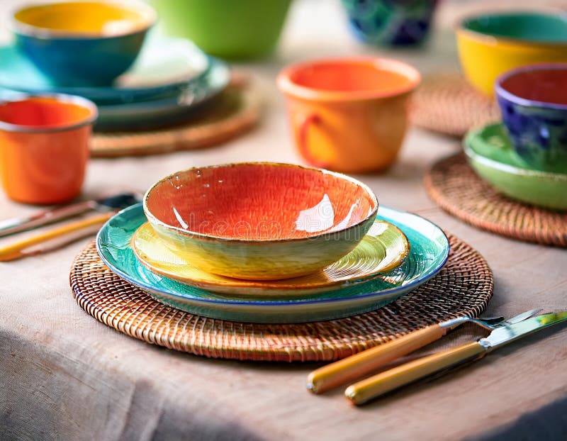 Vibrant Painted Pottery Table Setting Stock Illustration - Illustration ...