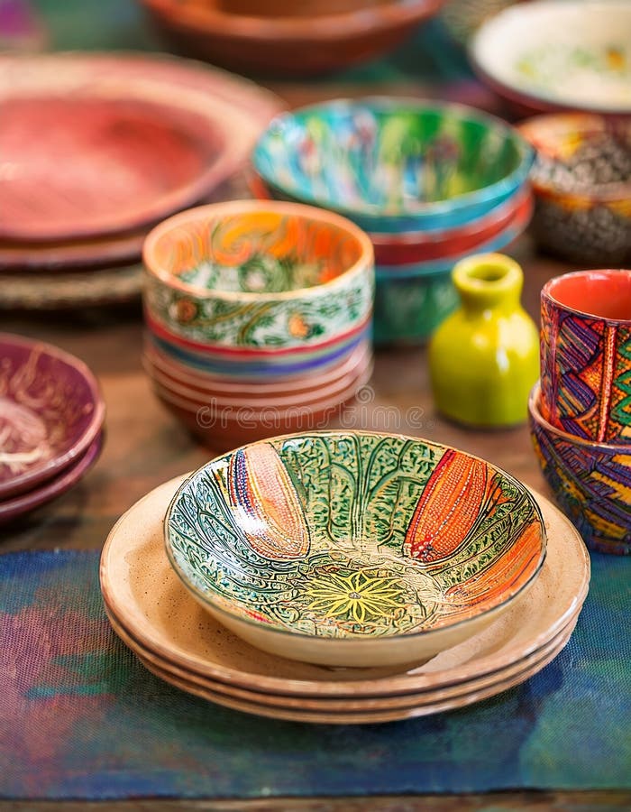 Vibrant Painted Pottery Table Setting Stock Illustration - Illustration ...