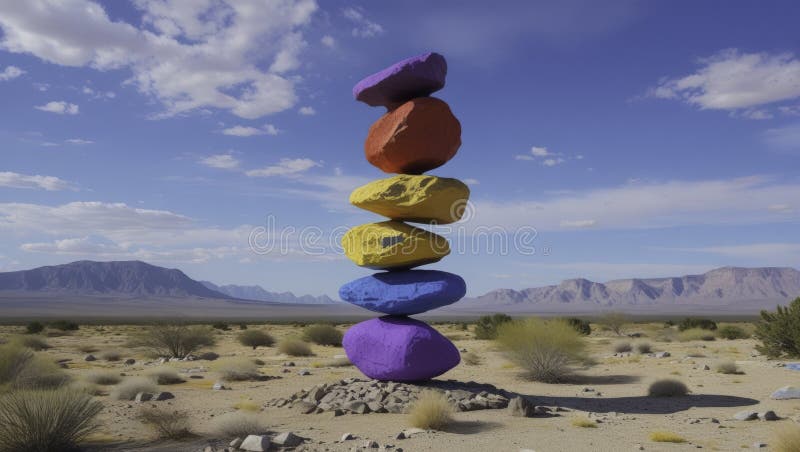 Vibrant Painted Rock Stack in Desert Landscape with Blue Sky Stock ...