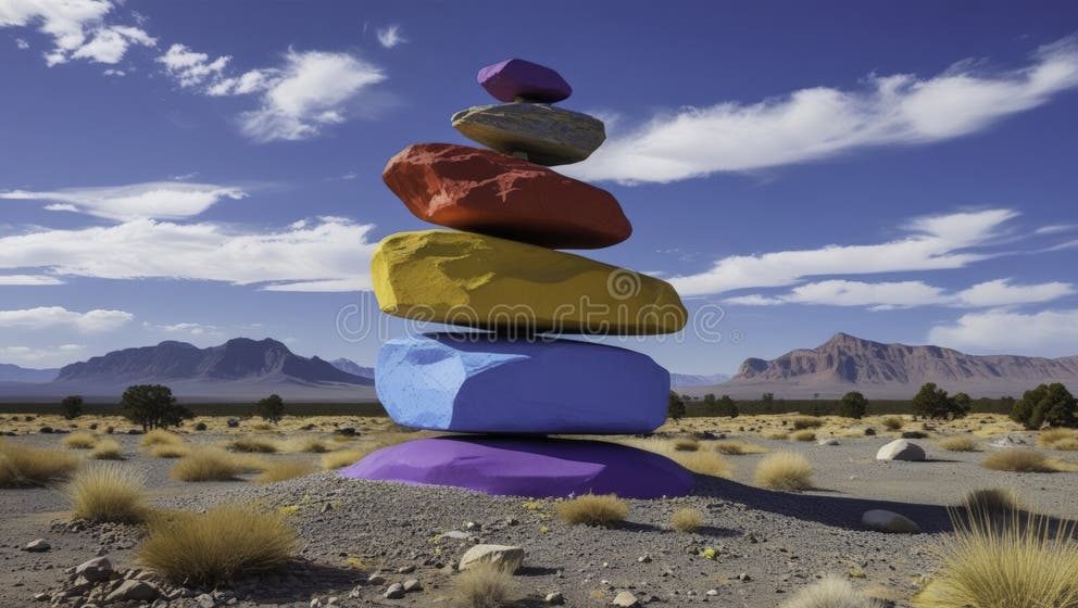 Vibrant Painted Rock Stack in Desert Landscape with Blue Sky Stock ...
