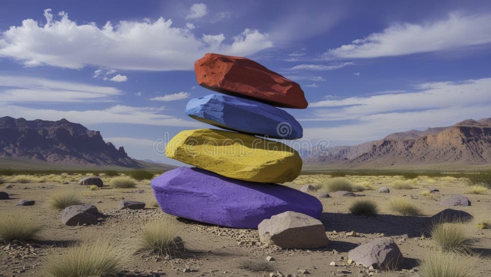 Vibrant Painted Rock Stack in Desert Landscape with Blue Sky Stock ...