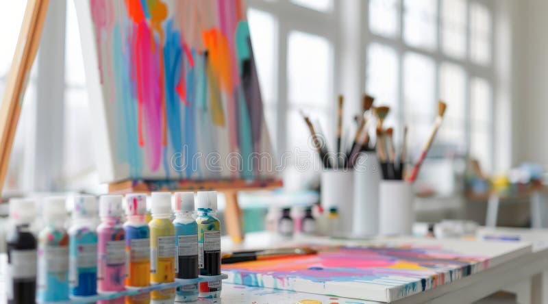 Vibrant Paints and Brushes in Creative Art Studio during Bright ...