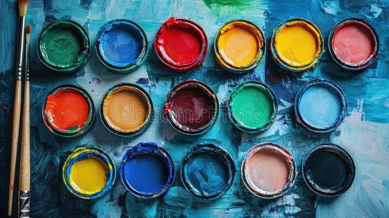 Vibrant Paints in Open Containers on Artistic Background Stock ...