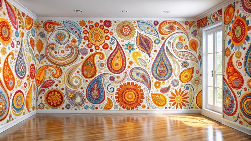 Vibrant Paisley Pattern Wall Mural in a Sunny Room with Hardwood Floors ...