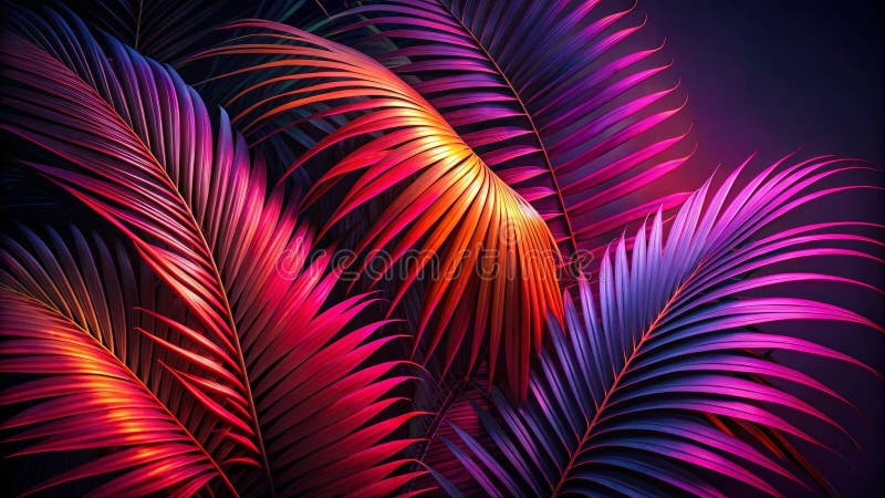Vibrant Palm Fronds Illuminated with Neon Hues in a Dark Setting ...
