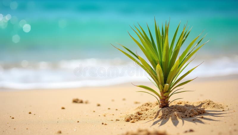 Vibrant Palm Tree Seedling on Tropical Beach Sand by Turquoise Ocean ...
