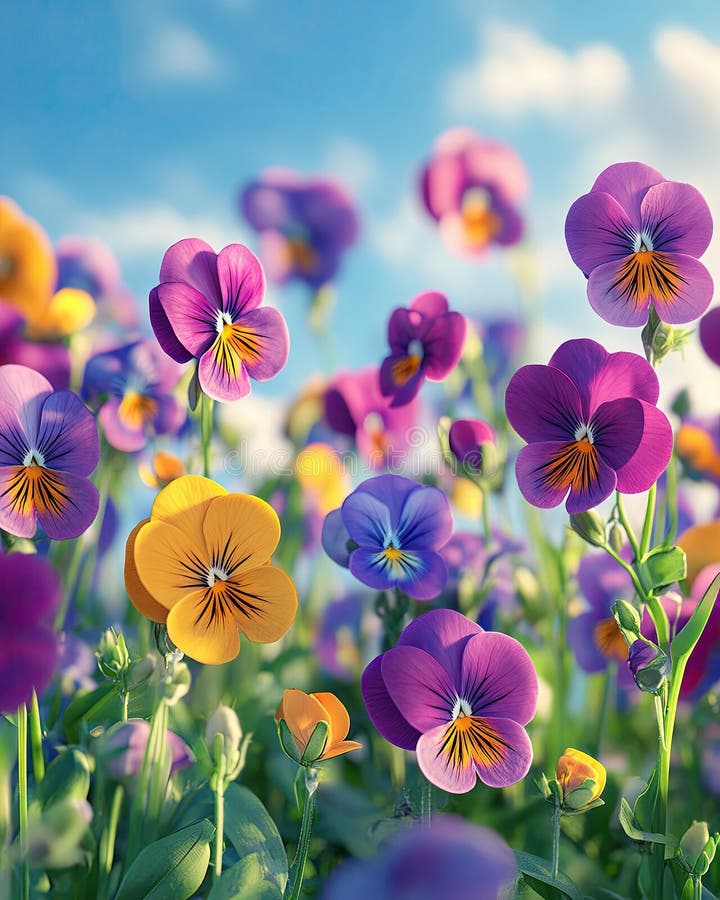 Vibrant Pansy Flowers in Various Colors Blooming Under a Sunny Sky ...