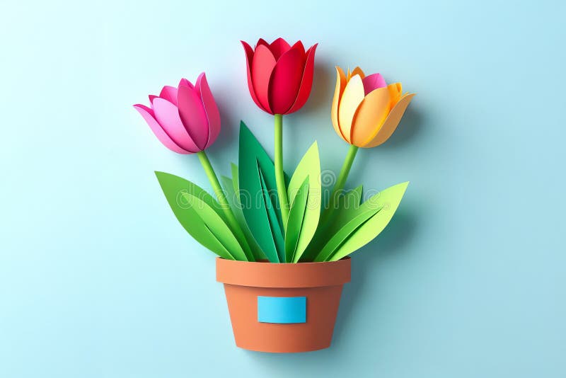 A Vibrant Paper Craft Creation Featuring Three Tulips in a Pot. a ...