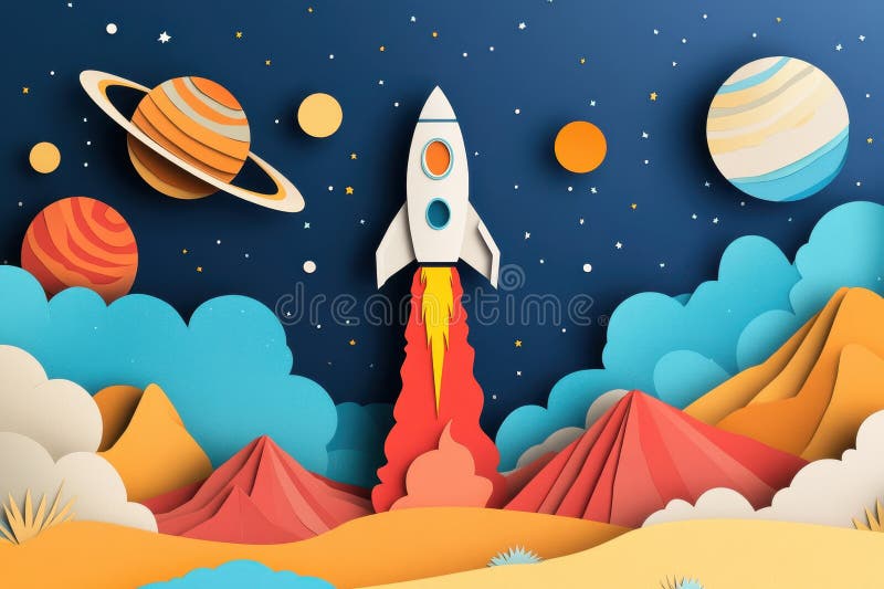 Rocket Launching with Colorful Clouds and Planets in Space Stock Image ...