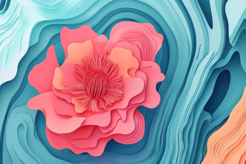Vibrant Paper Flower with Abstract Layered Blue Background Art Stock ...