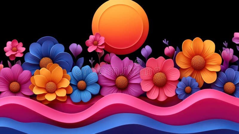 Vibrant Paper Flowers and Sunset Over Wavy Landscape Stock Illustration ...