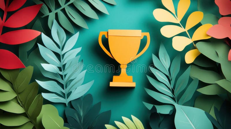 Vibrant Paper Leaves Frame an Orange Trophy on Teal Background Stock ...