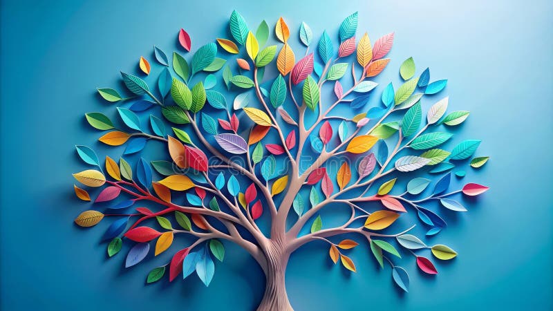 Vibrant Papercut Tree with Multicolored Leaves on a Blue Background ...