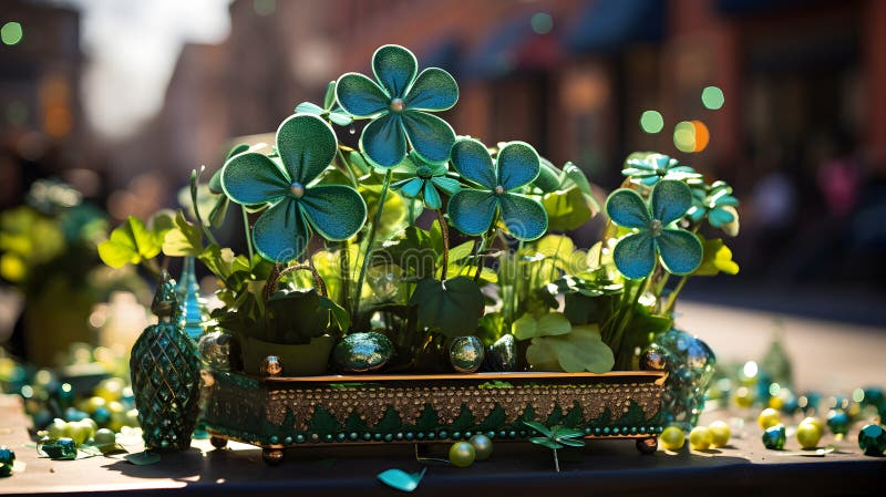 A Vibrant Parade Float, with Shamrocks As the Background, during the St ...