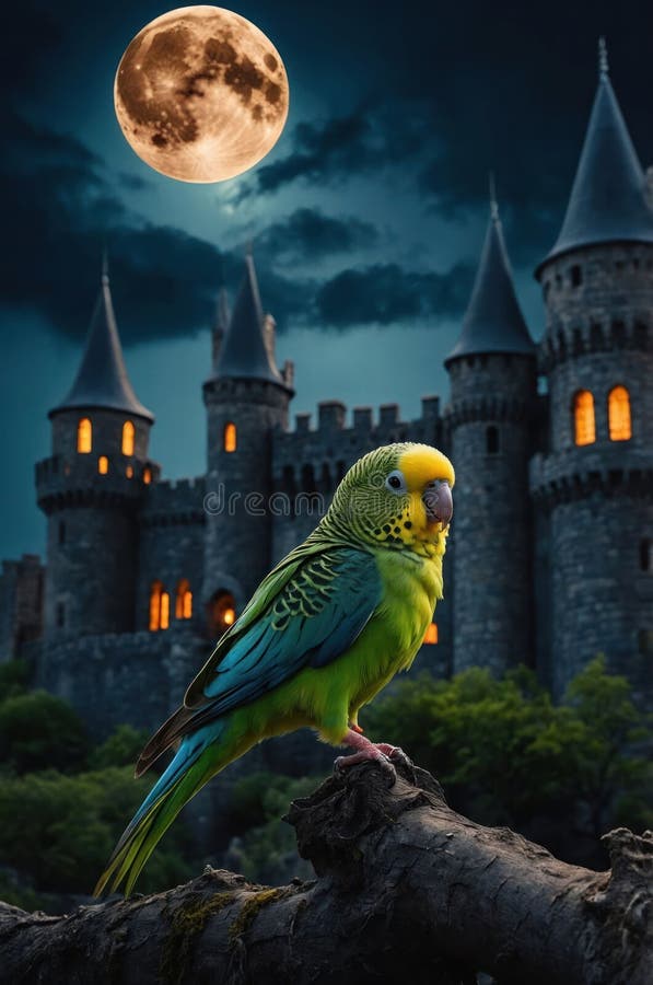 Enchanting Budgie Perched on Branch before Majestic Castle Under Full ...