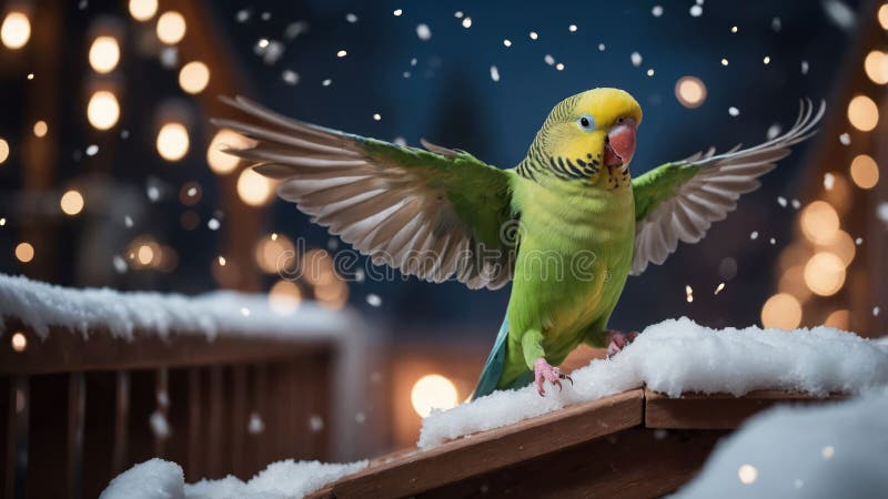 A Budgie Parrot Landing on Snowy Perch in Winter Wonderland Stock ...