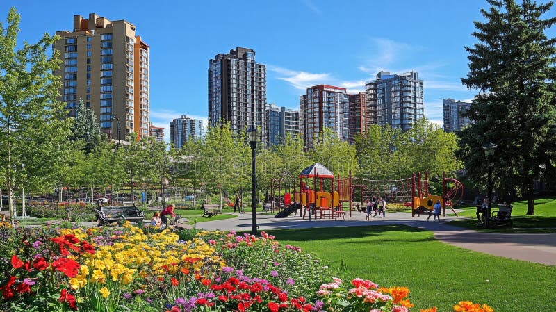 A Vibrant Park Scene with Playgrounds, Greenery, and City Buildings in ...