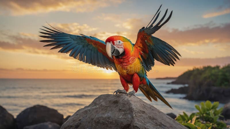 Vibrant Scarlet Macaw at Sunset on Coastal Rock Stock Illustration ...