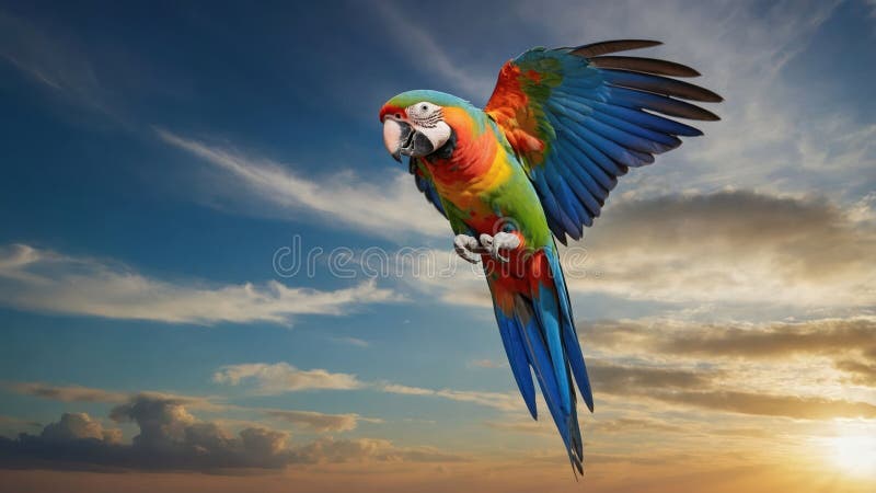 A Vibrant Parrot in Flight Against a Colorful Sunset Sky Stock ...