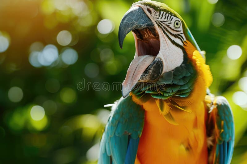 A Vibrant Parrot with Its Mouth Open, Perched in Front of a Tree ...