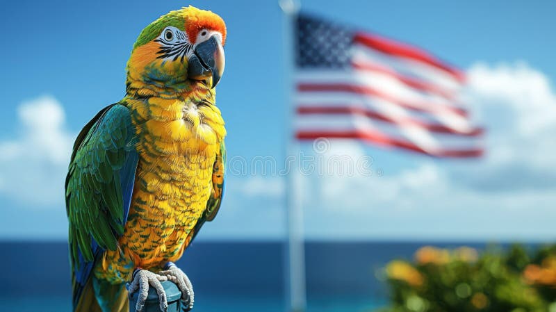 Vibrant Parrot Perched with American Flag Waving in Background ...