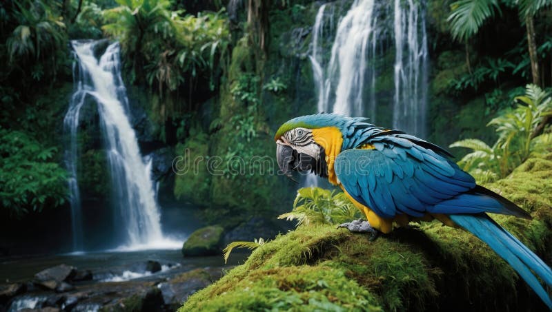 Vibrant Parrot Perched in Tropical Rainforest with Waterfalls and Lush ...