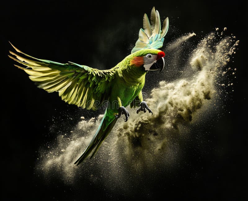 Vibrant Parrot Soaring through the Air with a Cloud of Dust in a ...
