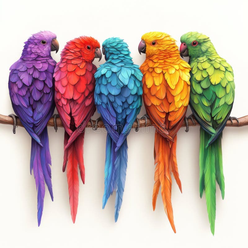 Vibrant Parrots on Branch Displaying Rainbow Plumage Stock Photo ...