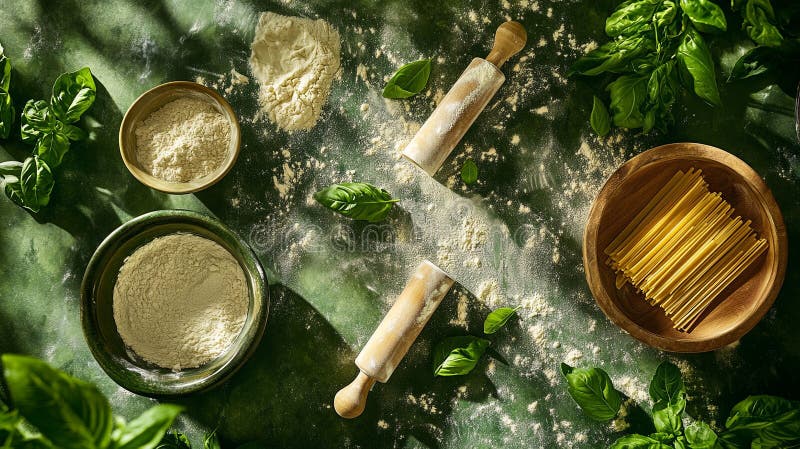 A Vibrant Pasta-making Course with Dough Rollers, Fresh Basil, and ...