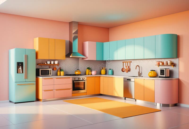 Vibrant Pastel Kitchen with Modern Appliances and Sleek Design Stock ...